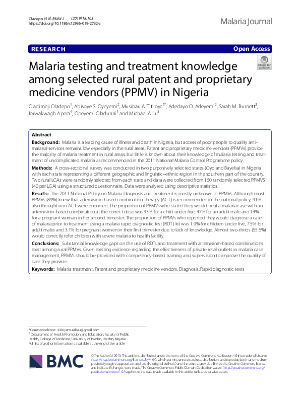 (PDF) Malaria testing and treatment knowledge among selected rural ...