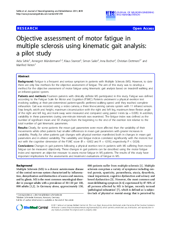 (PDF) Objective assessment of motor fatigue in multiple sclerosis using kinematic gait analysis ...