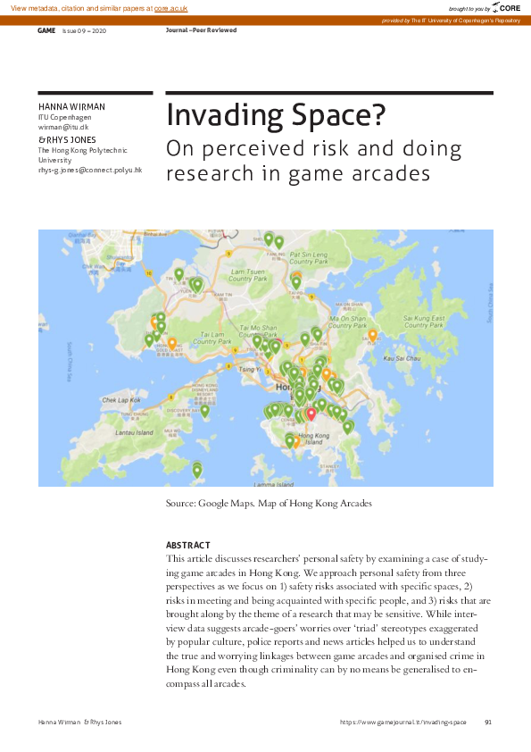 (PDF) Invading Space? On Perceived Risk and Doing Research in Game Arcades
