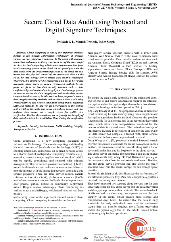 Pdf Secure Cloud Data Audit Using Protocol And Digital Signature Techniques