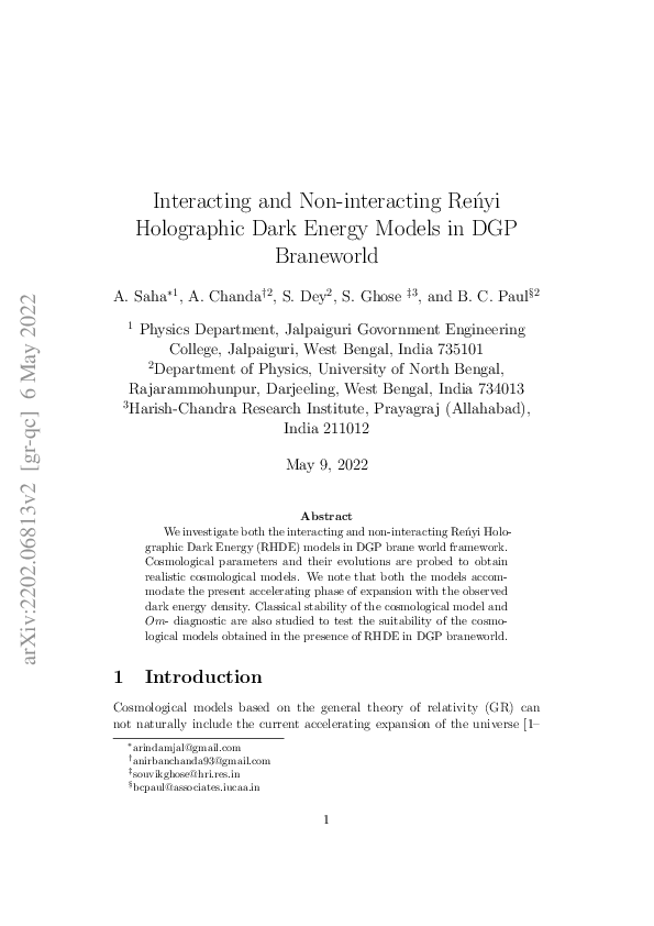 (PDF) Interacting and Non-interacting Reńyi Holographic Dark Energy Models in DGP Braneworld