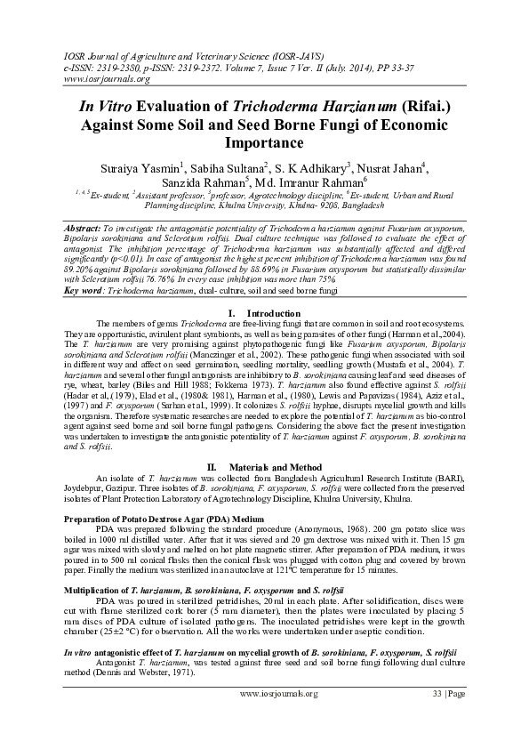 (PDF) In Vitro Evaluation of Trichoderma Harzianum (Rifai.) Against Some Soil and Seed Borne ...