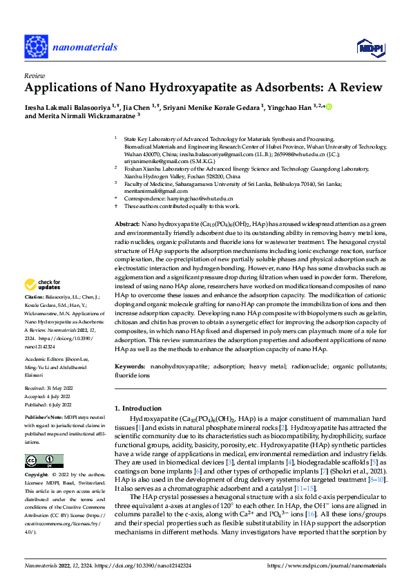 (PDF) Applications of Nano Hydroxyapatite as Adsorbents: A Review