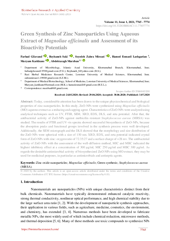 (PDF) Green Synthesis of Zinc Nanoparticles Using Aqueous Extract of Magnoliae officinalis and ...