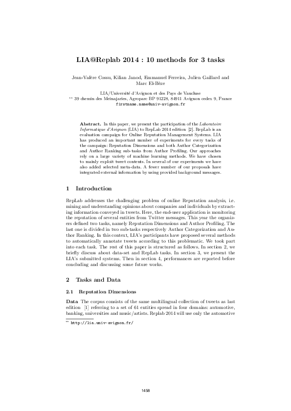 (PDF) LIA@Replab 2014