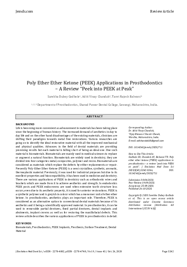 (PDF) Poly Ether Ether Ketone (PEEK) Applications in Prosthodontics – A Review “Peek into PEEK ...
