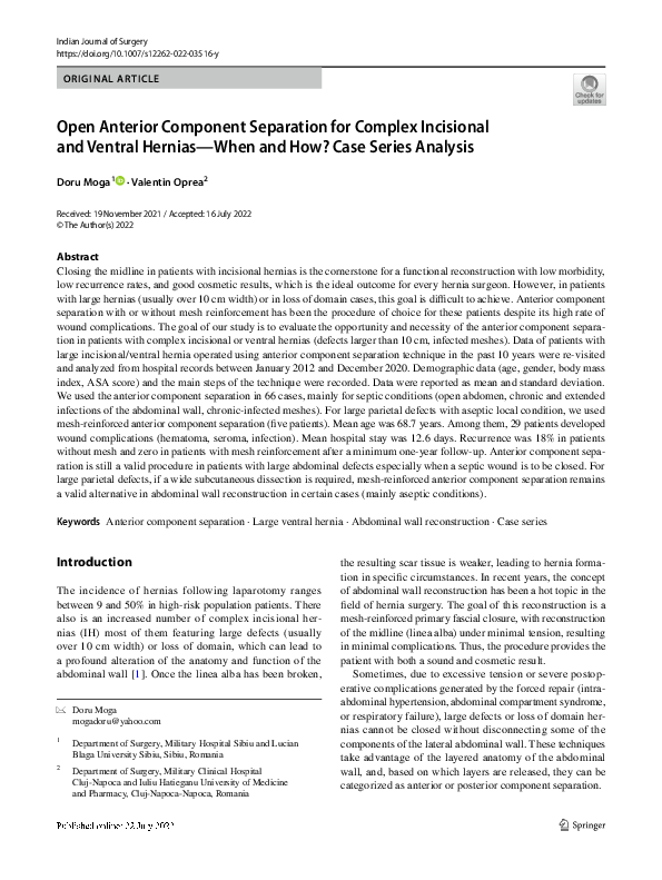 (PDF) Open Anterior Component Separation for Complex Incisional and ...