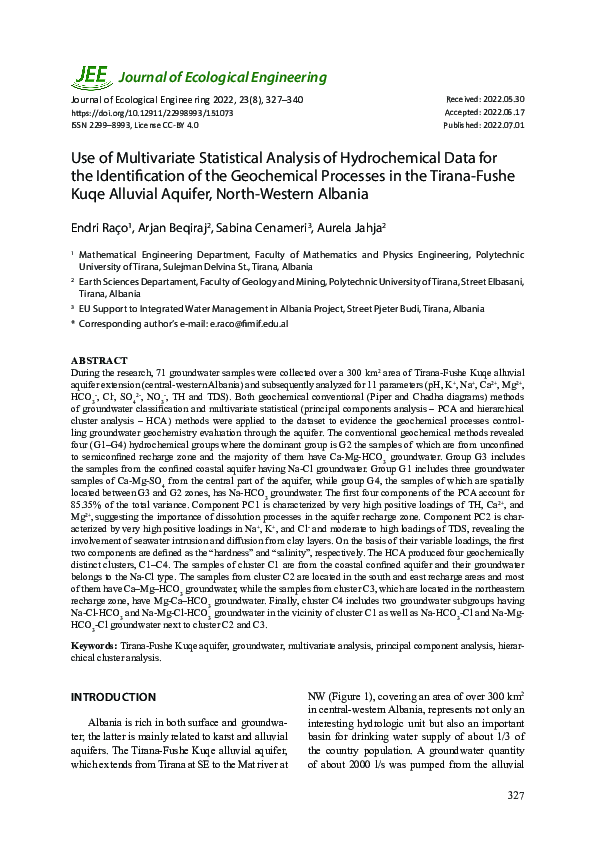 Pdf Use Of Multivariate Statistical Analysis Of Hydrochemical Data For The Identification Of