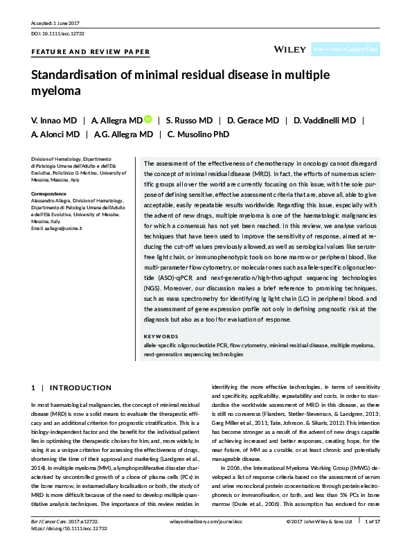 (PDF) Standardisation of minimal residual disease in multiple myeloma