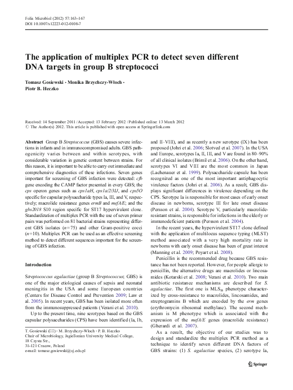 (PDF) The application of multiplex PCR to detect seven different DNA targets in group B streptococci