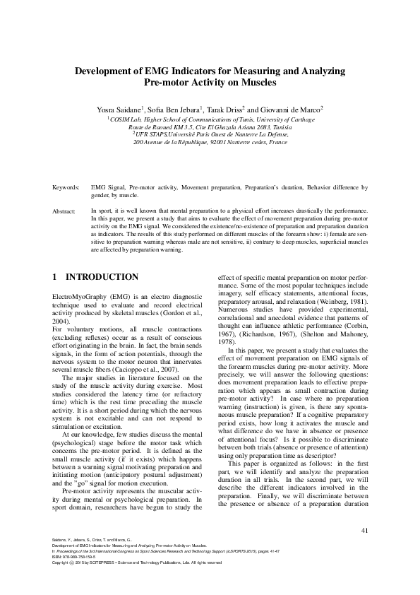 (PDF) Development of EMG Indicators for Measuring and Analyzing Pre-motor Activity on Muscles