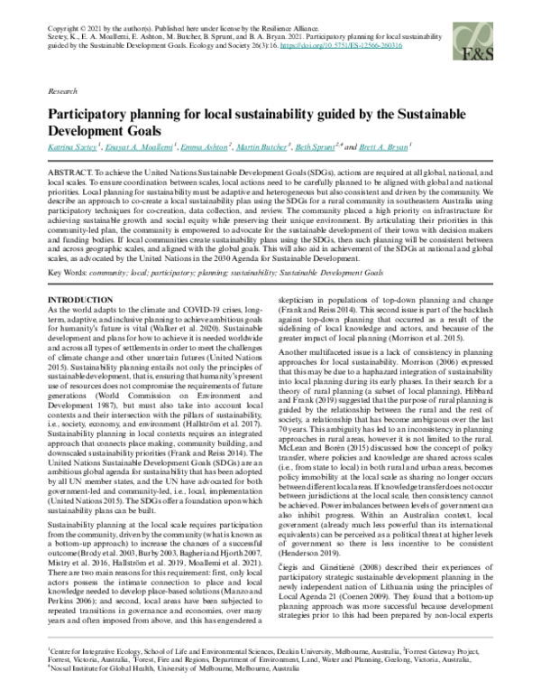 (PDF) Participatory planning for local sustainability guided by the Sustainable Development Goals