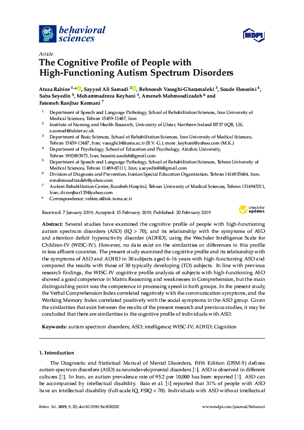 (PDF) The Cognitive Profile of People with High-Functioning Autism ...