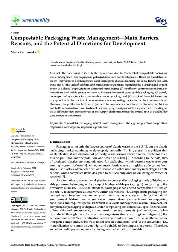 (PDF) Compostable Packaging Waste Management—Main Barriers, Reasons ...