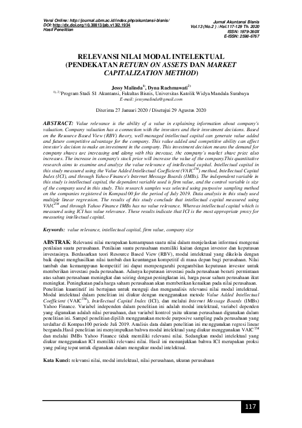 (PDF) Relevansi Nilai Modal Intelektual (Pendekatan Return on Assets Dan Market Capitalization ...
