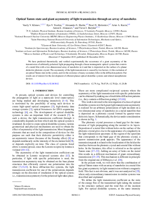 (PDF) Optical Tamm state and giant asymmetry of light transmission through an array of nanoholes ...