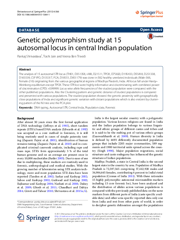 (PDF) Genetic polymorphism study at 15 autosomal locus in central Indian population