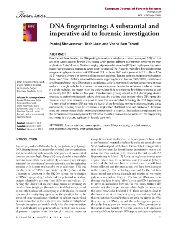 (PDF) DNA Fingerprinting: A substantial and imperative aid to forensic ...