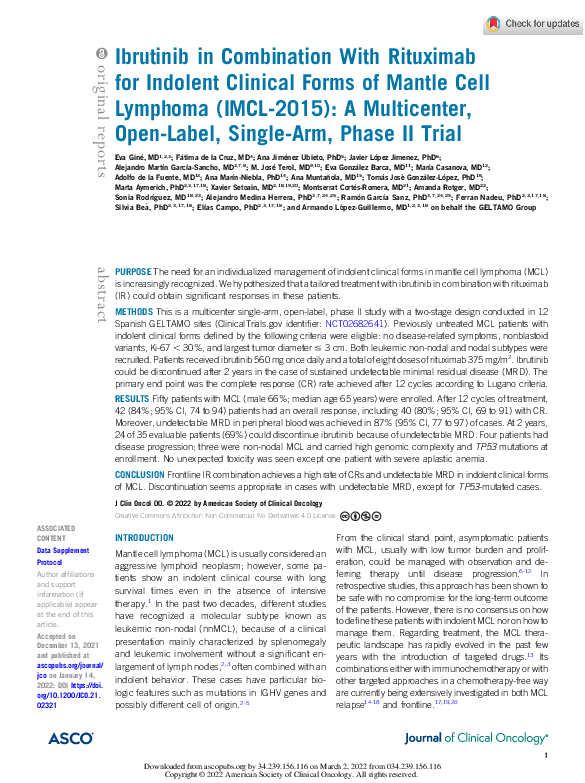 (PDF) Ibrutinib in Combination With Rituximab for Indolent Clinical Forms of Mantle Cell ...