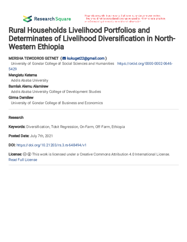 (PDF) Rural Households Livelihood Portfolios and Determinates of ...