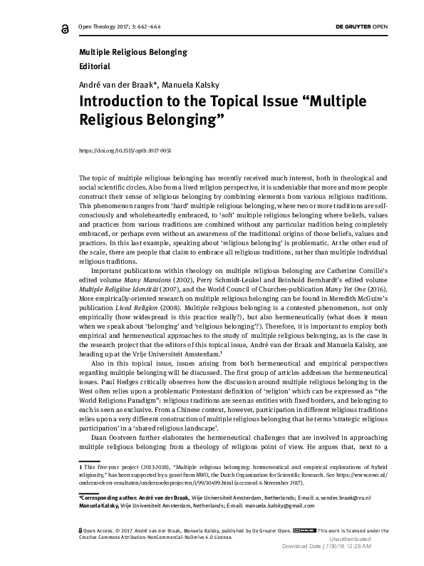 (PDF) Introduction to the Topical Issue “Multiple Religious Belonging”