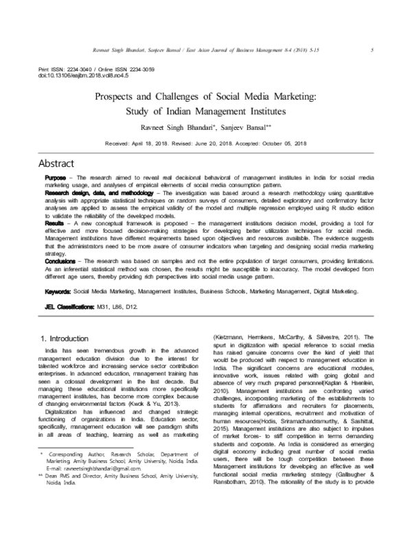 (PDF) Prospects and Challenges of Social Media Marketing: Study of ...