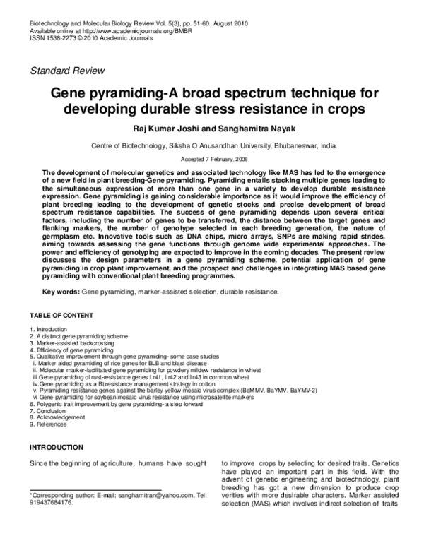 (PDF) Gene pyramiding-a broad spectrum technique for developing durable stress resistance in crops