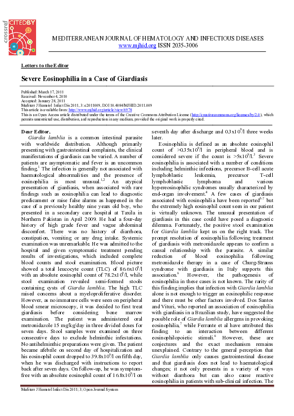(PDF) Severe eosinophilia in a case of giardiasis