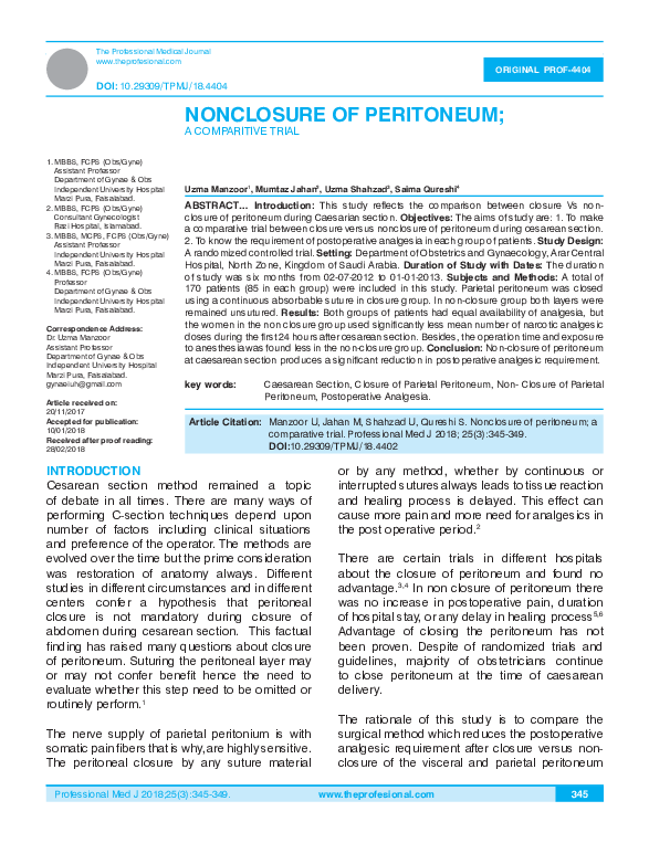 (PDF) Nonclosure of Peritoneum