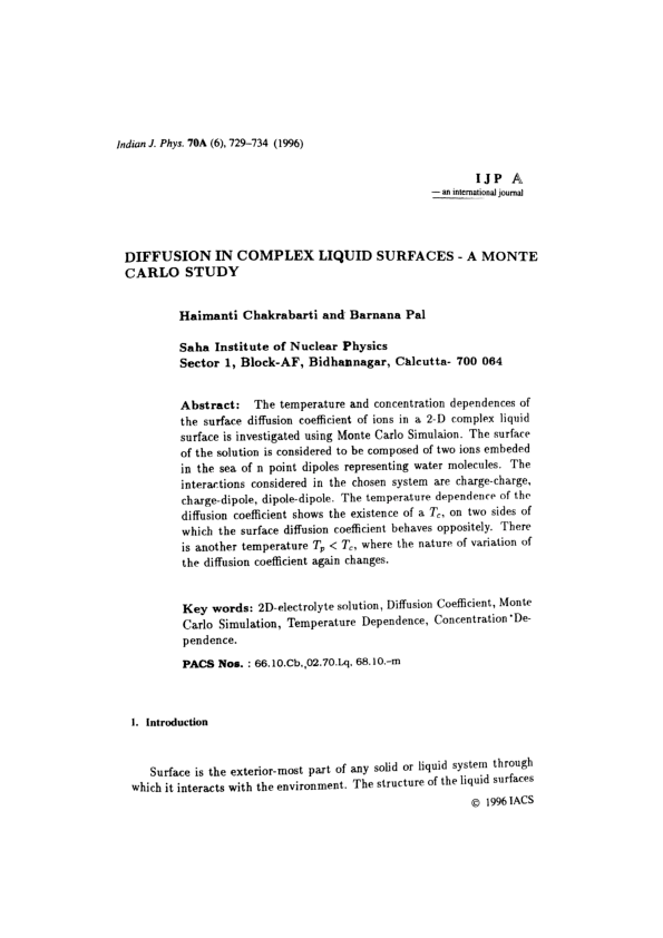 (PDF) Diffusion in complex liquid surfaces - a Monte Carlo study