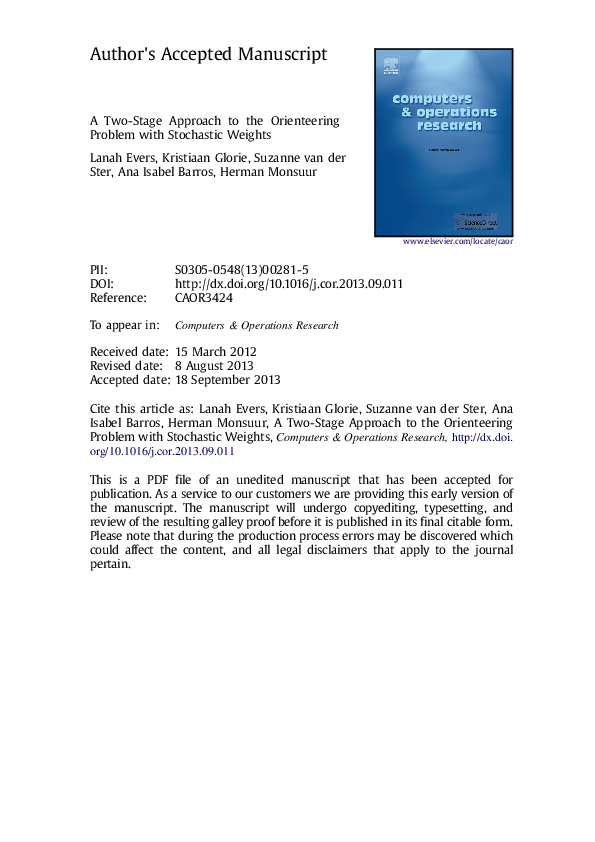 Pdf A Two Stage Approach To The Orienteering Problem With Stochastic