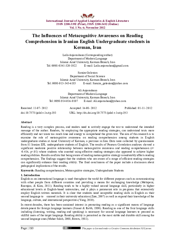 Pdf The Influences Of Metacognitive Awareness On Reading