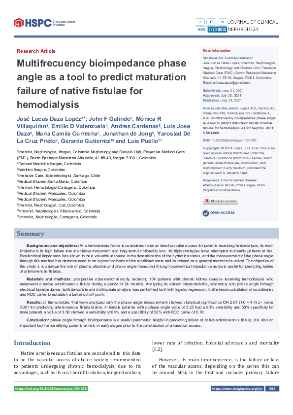 (PDF) Multifrecuency bioimpedance phase angle as a tool to predict maturation failure of native ...