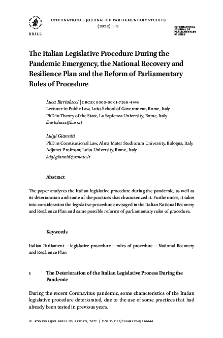 (PDF) The Italian Legislative Procedure During the Pandemic Emergency, the National Recovery and ...