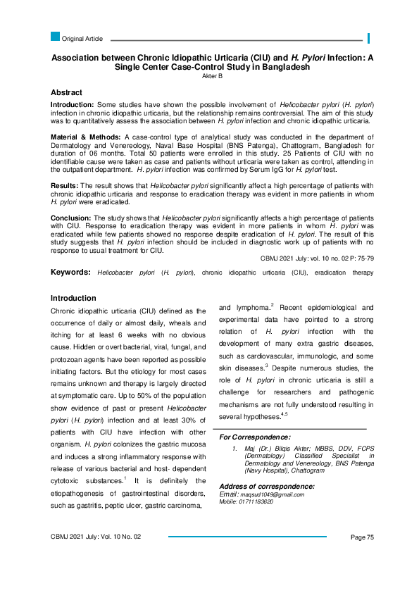 (PDF) Association between Chronic Idiopathic Urticaria (CIU) and H ...