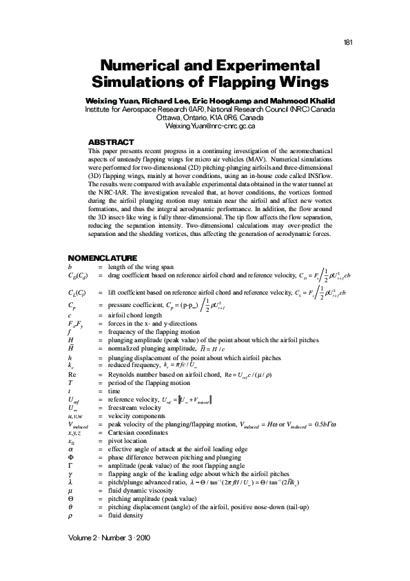 Pdf Numerical And Experimental Simulations Of Flapping Wings 
