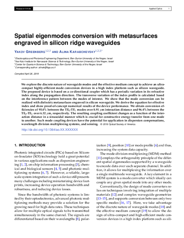 (PDF) Spatial eigenmodes conversion with metasurfaces engraved in silicon ridge waveguides