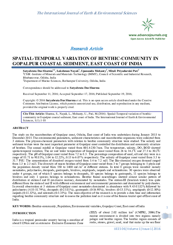 Pdf Spatial Temporal Variation Of Benthic Community In Gopalpur