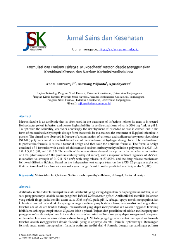 (PDF) Formulasi dan Evaluasi Hidrogel Mukoadhesif Metronidazole ...