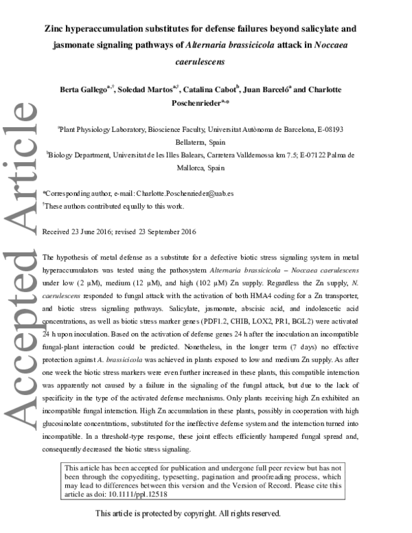 (PDF) Zinc hyperaccumulation substitutes for defense failures beyond ...