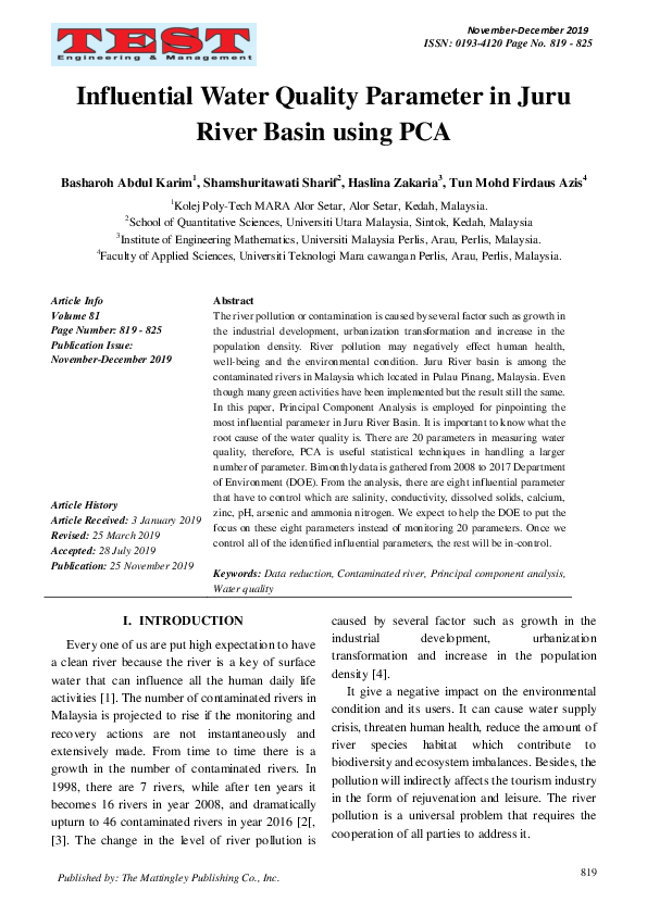 (PDF) Influential Water Quality Parameter in Juru River Basin using PCA