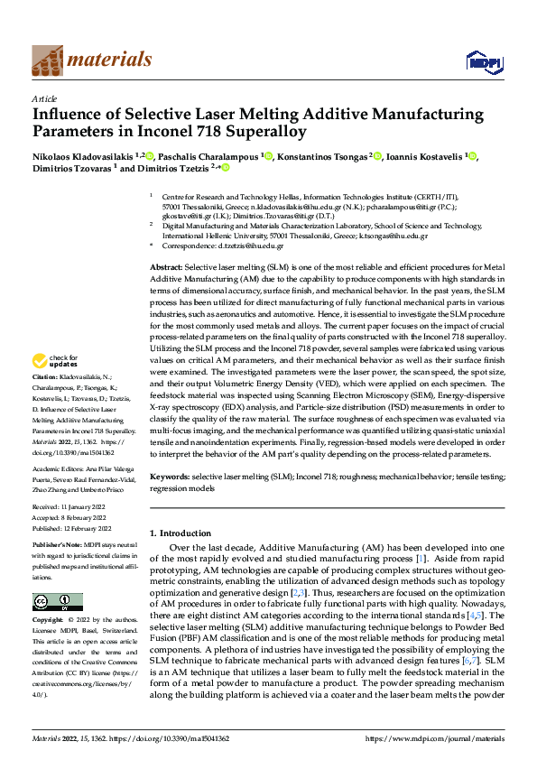 Pdf Influence Of Selective Laser Melting Additive Manufacturing Parameters In Inconel 718