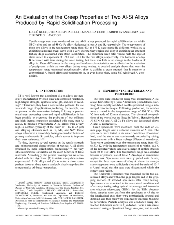 (PDF) An evaluation of the creep properties of two Al-Si alloys ... (PDF) An evaluation of the creep properties of two Al-Si alloys ...