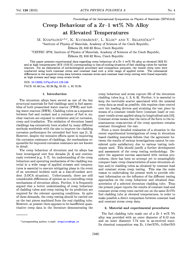 (PDF) Creep Behaviour of a Zr-1 wt% Nb Alloy at Elevated Temperatures