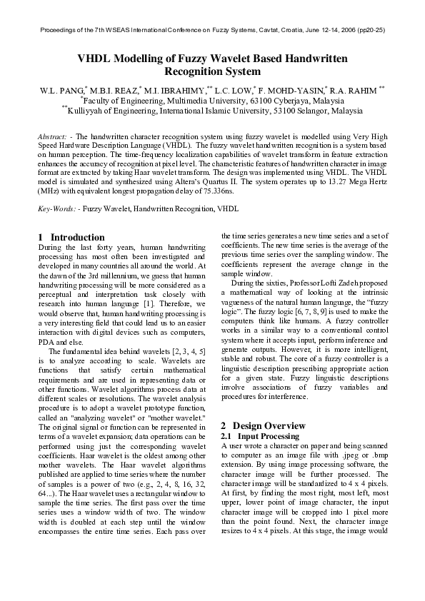 (PDF) VHDL modelling of fuzzy wavelet based handwritten recognition system