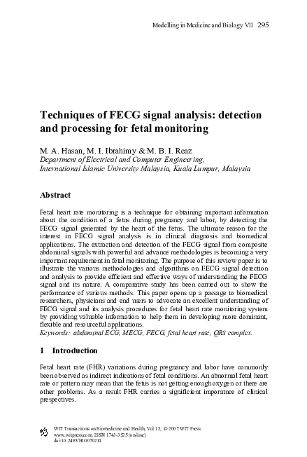 (PDF) Techniques of FECG signal analysis: detection and processing for fetal monitoring