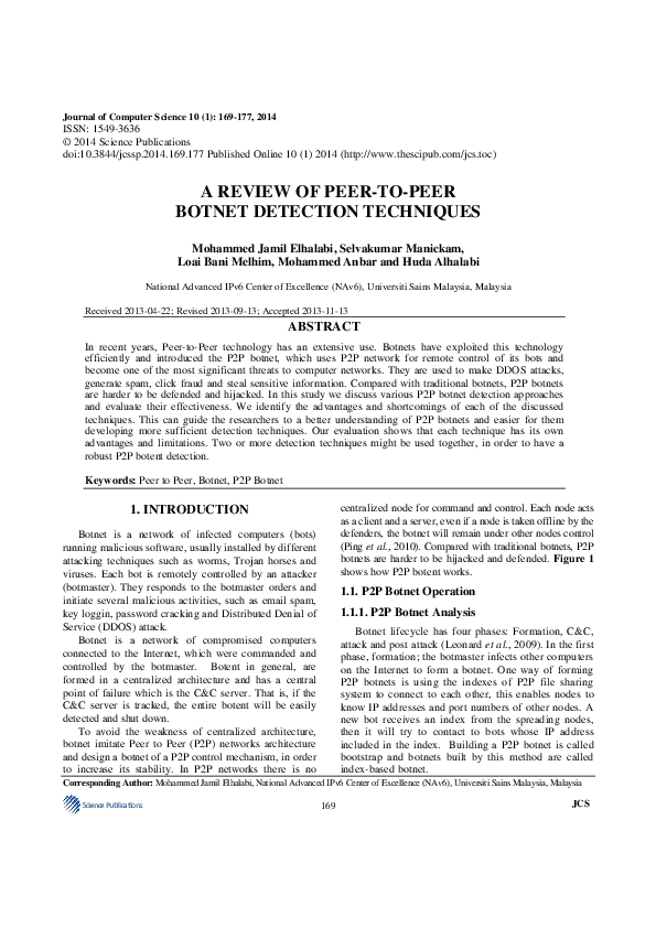 Pdf A Review Of Peer To Peer Botnet Detection Techniques Huda Lubbad