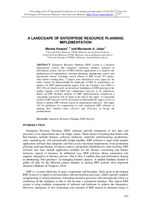 Pdf A Landcsape Of Enterprise Resource Planning Implementation