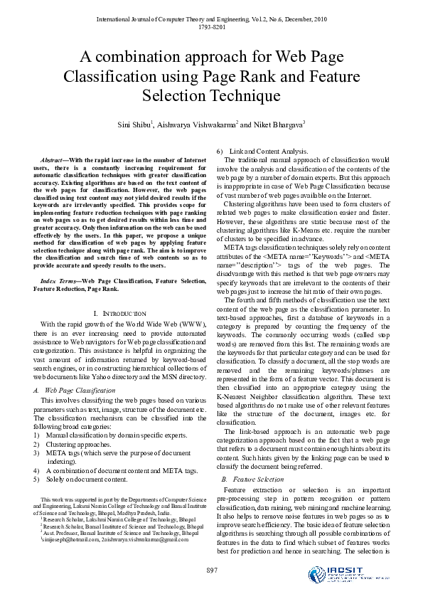 (PDF) A combination approach for Web Page Classification using Page Rank and Feature Selection ...