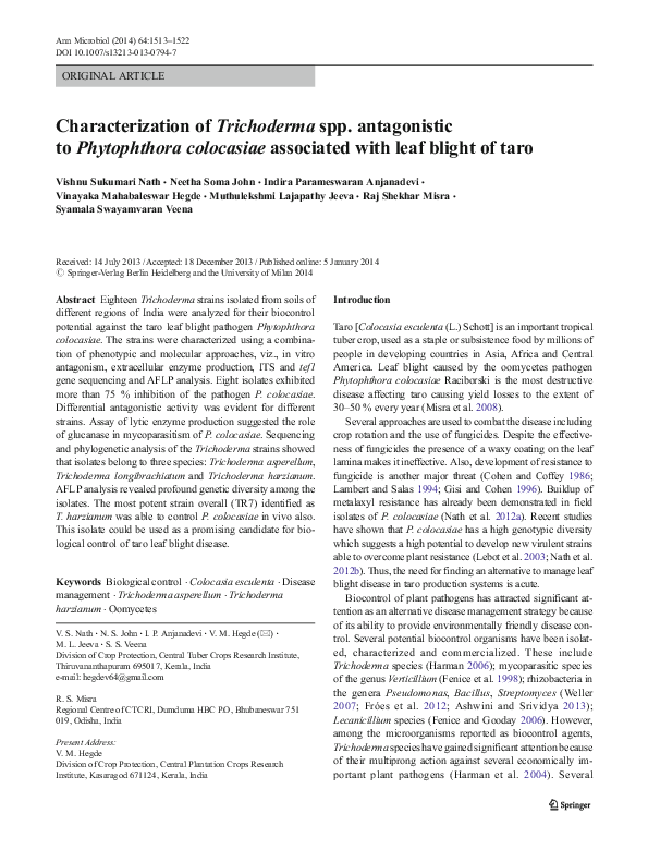 (PDF) Characterization of Trichoderma spp. antagonistic to Phytophthora colocasiae associated ...
